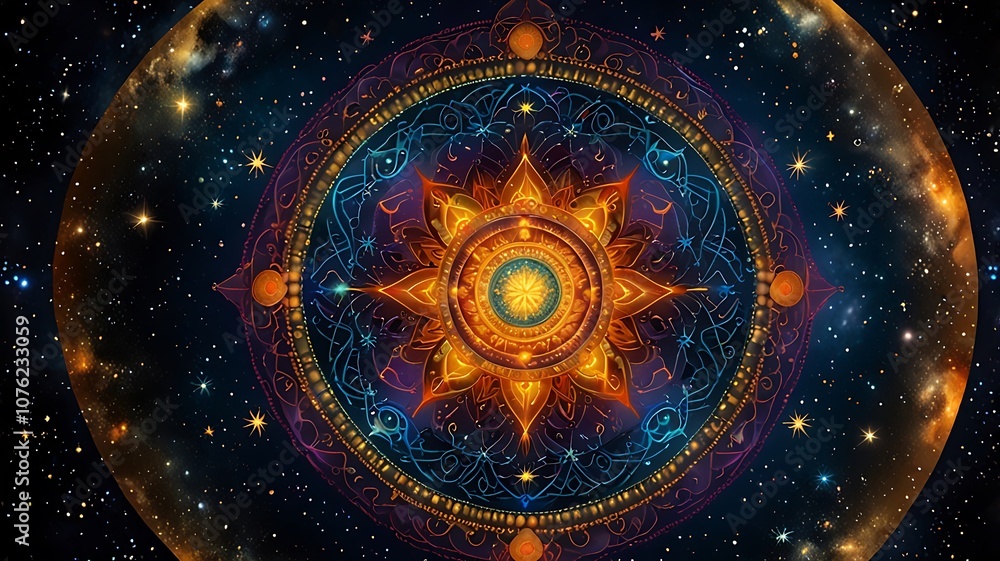 Star-studded mandala with concentric circles of planets and cosmic ...