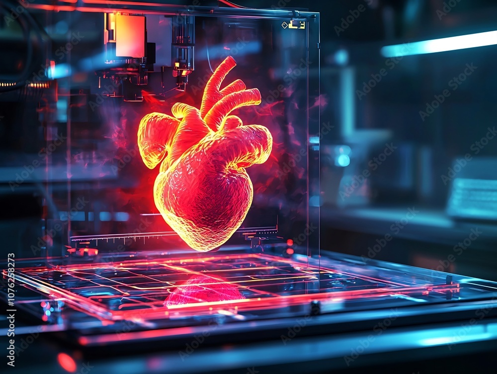 Holographic 3D organ printer creating a glowing heart in a futuristic ...