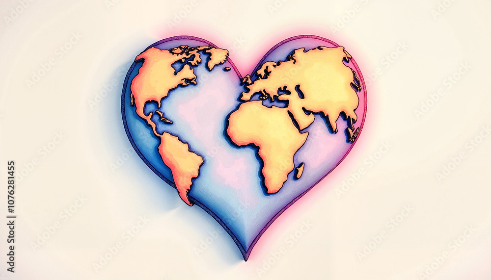 Artistic heart shape with world map design, colorful and vibrant ...