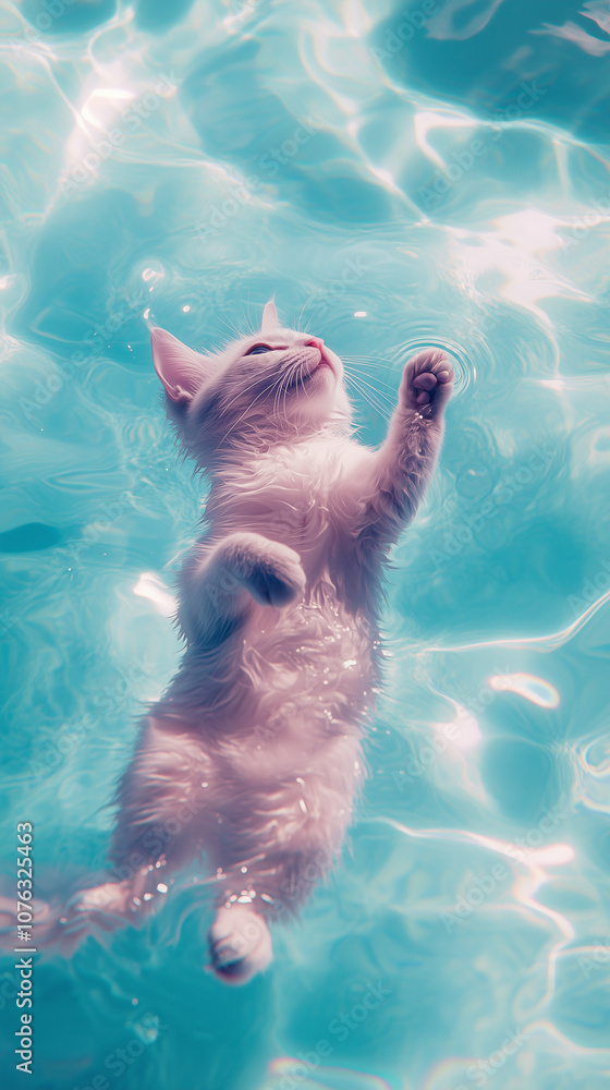 Cute Cat Swimming in Surreal Blue Ocean – Dreamy and Whimsical Scene ...