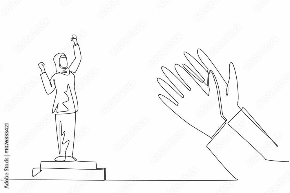 Single continuous line drawing Arabian woman stands on a podium ...