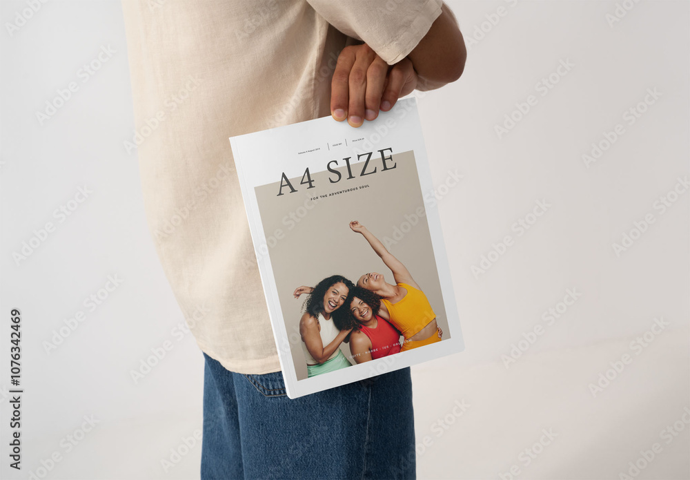 Mockup Of Man Holding Customizable A4 Magazine, Side View Stock ...