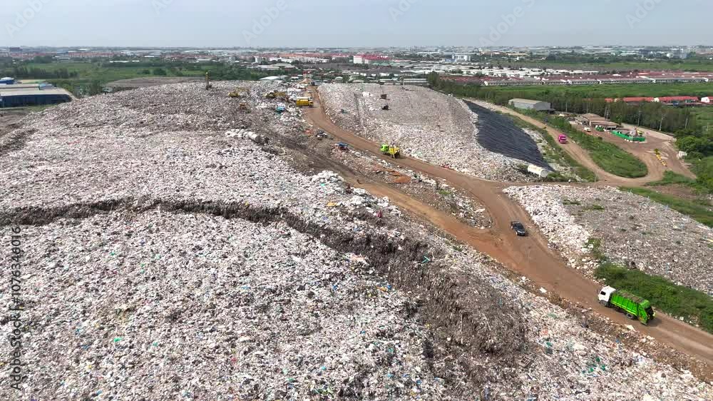 Aerial top view of A Huge Waste, garbage, dump, rubbish landfill. A ...