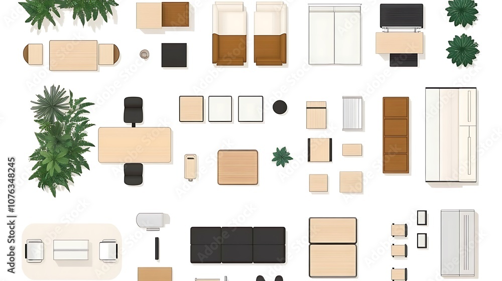 Office Top View Vector Elements Set. Kit for a workspace apartment ...