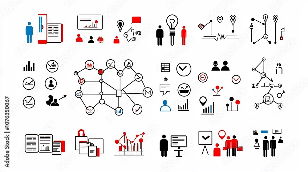 Conceptual depicting various icons and graphics representing business ...