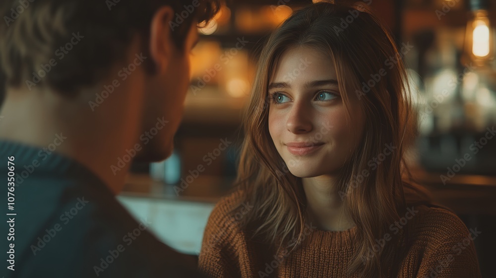Two people making intimate eye contact, warm and soft tones conveying ...