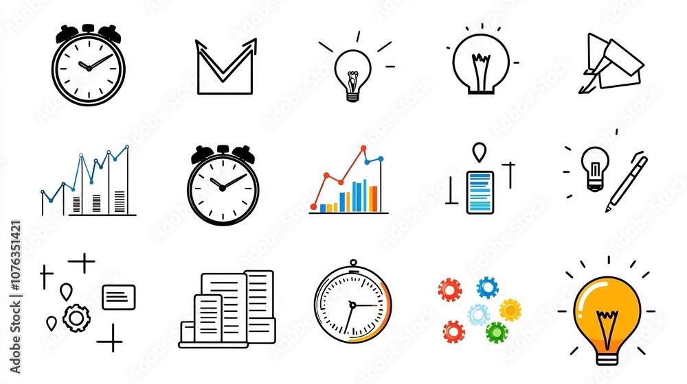 Thin line icons illustrating time efficiency project optimization and ...