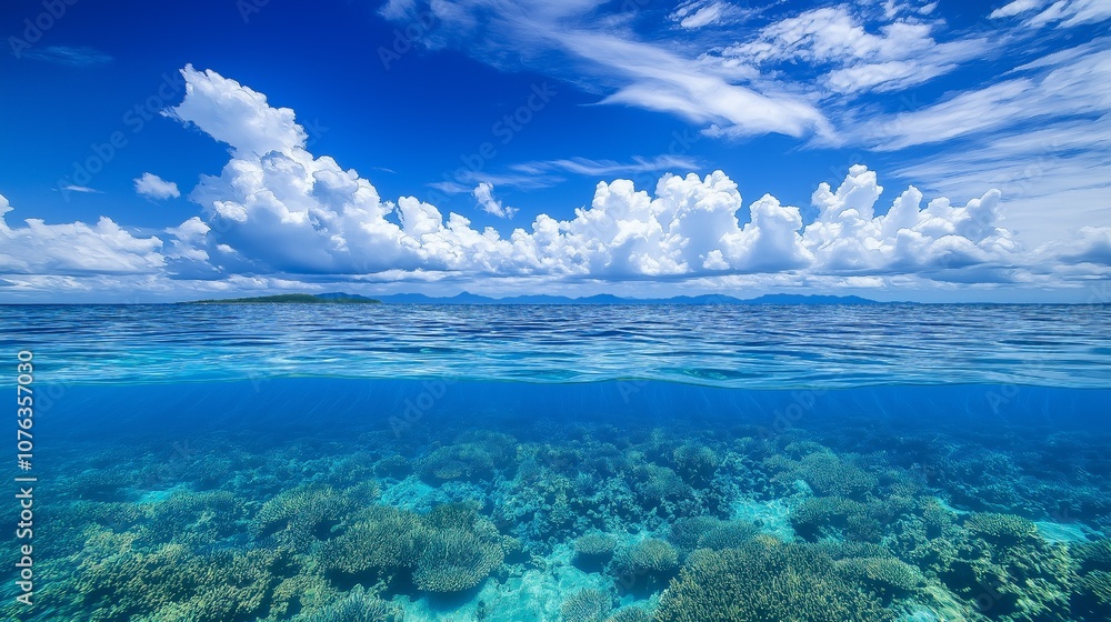 Crystal-clear ocean waters with blue sky and clouds for a serene ...