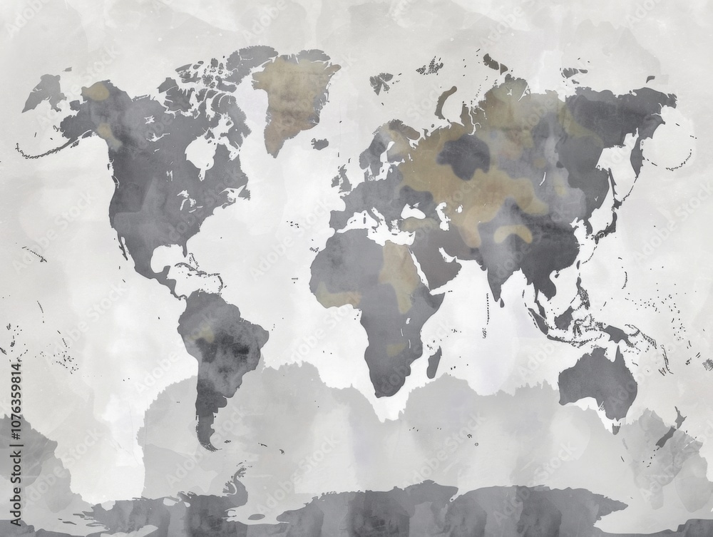 The artwork presents a grey political world map, skillfully ...