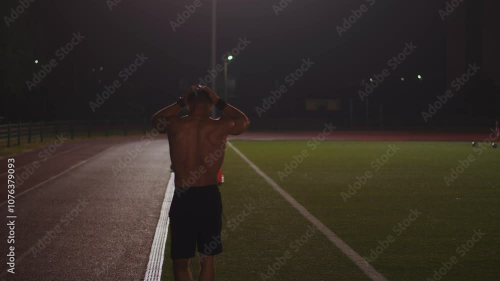 Young Muscular Shirtless Man Goes Along Side Of Football Field And