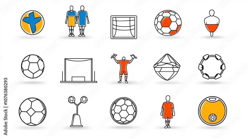 Set of 15 outline icons representing the essential elements of football ...