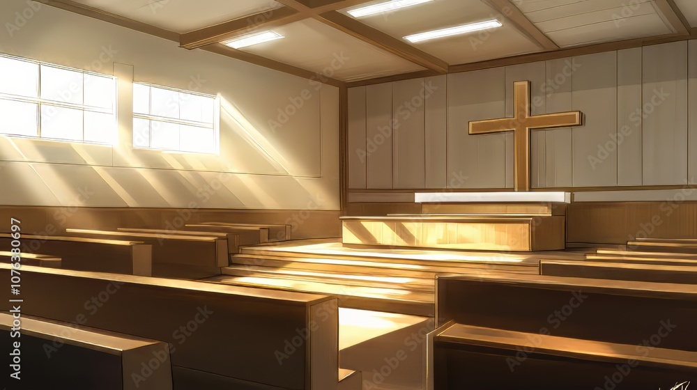 Empty church interior with wooden pews, altar, and cross, lit by ...