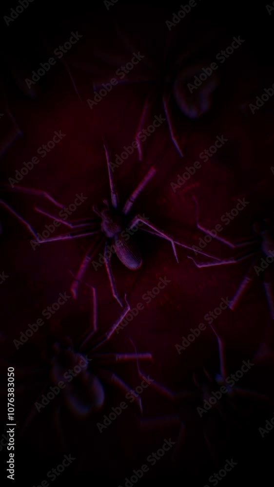 A birds eye view of realistic spiders crawling across screen in a ...