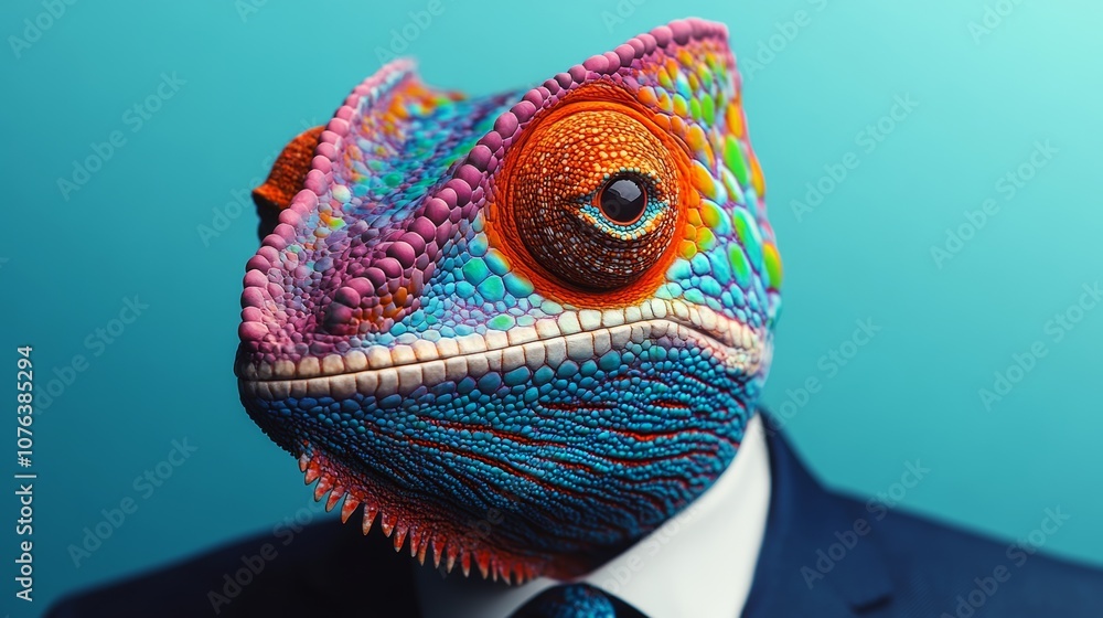 Colorful lizard is wearing a suit and tie. The lizard's face is the ...