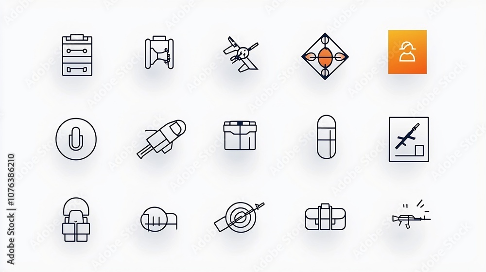 Set of 15 linear icons highlighting various military related elements ...