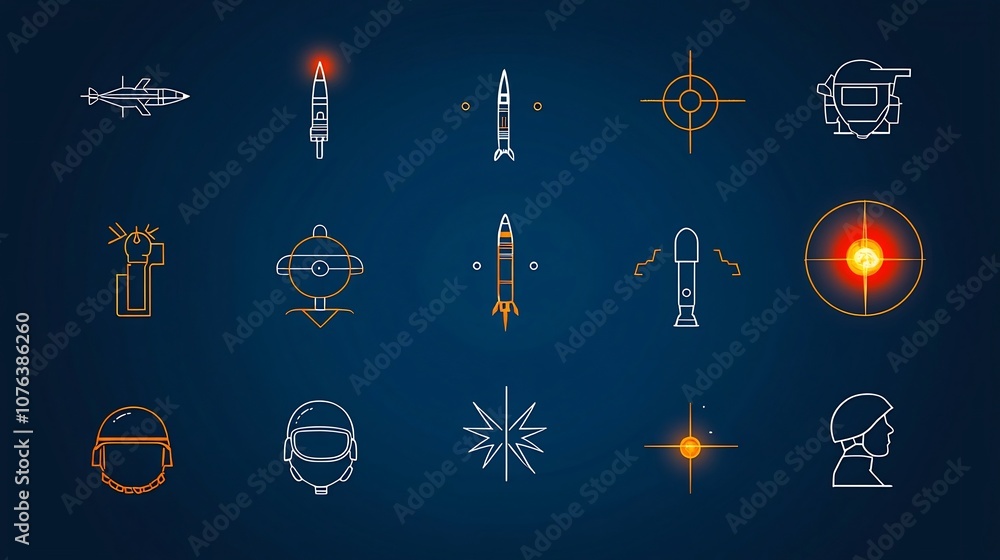 Set of 15 Outline Icons Representing Essential War and Military Symbols ...