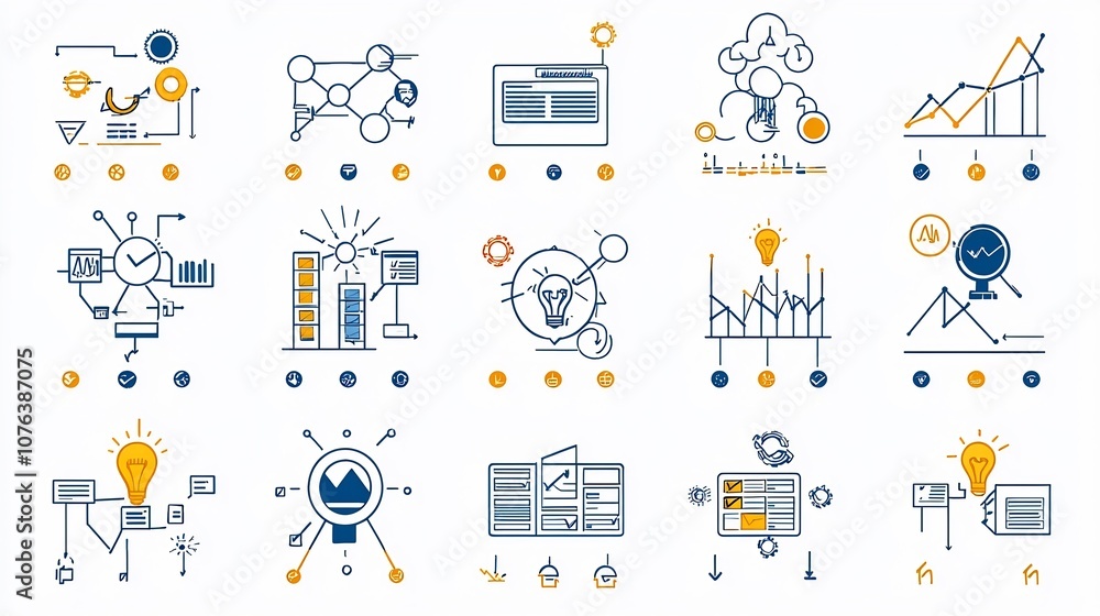 Set of 15 action oriented outline style icons featuring project roadmap ...