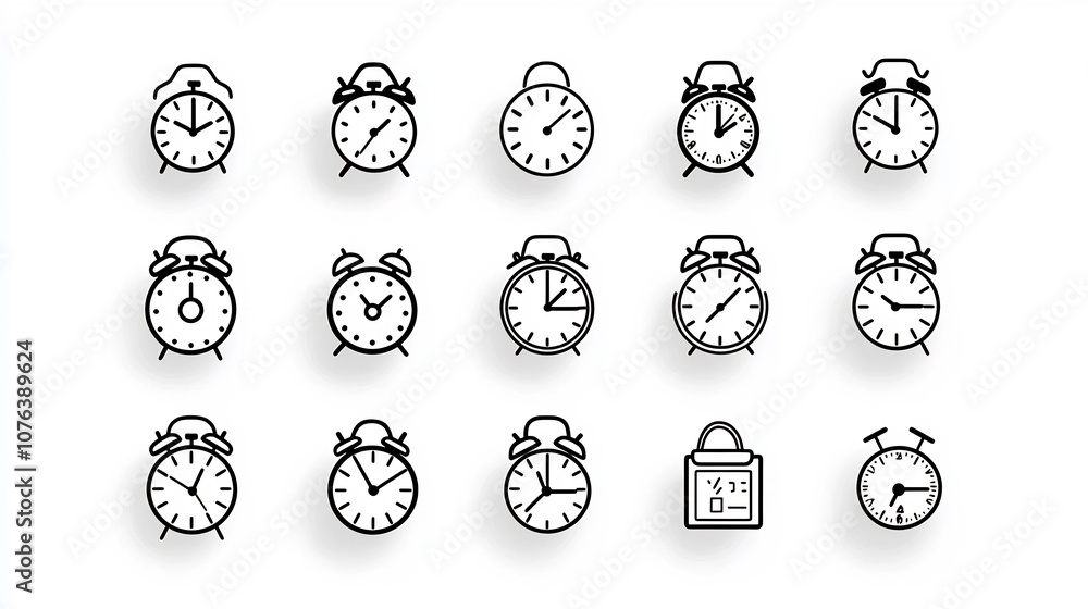 A set of 15 minimalist icons depicting various time management and ...