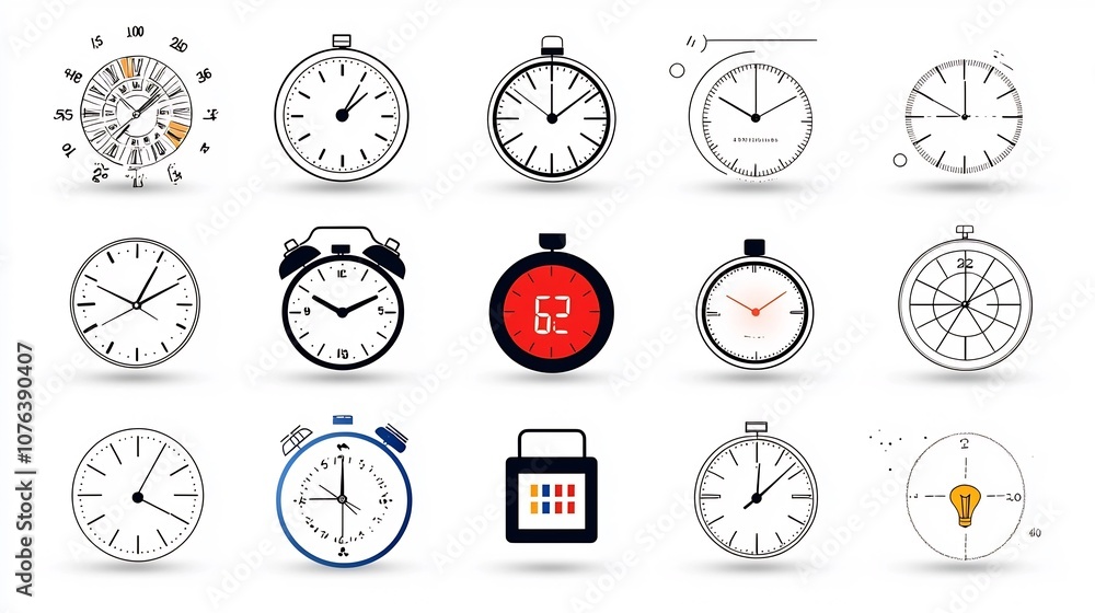 Set of 15 minimalist outline icons representing various clock and timer ...