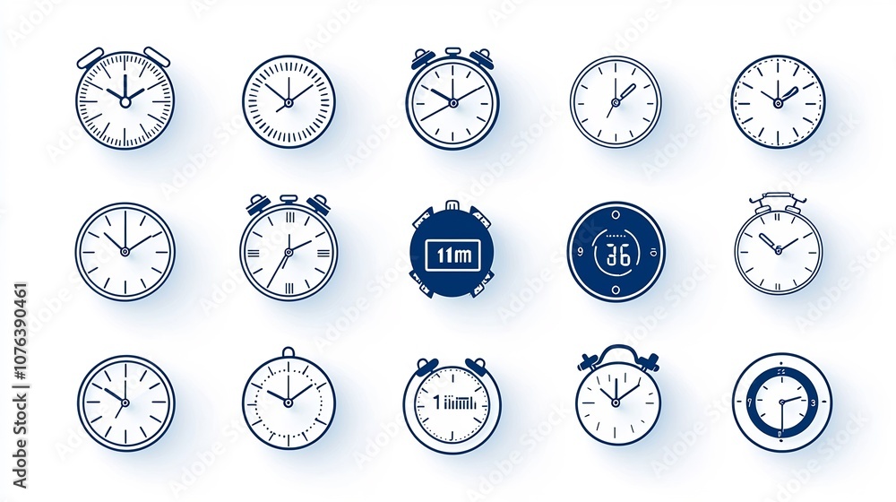 A set of 15 clean and modern outline icons representing various clock ...