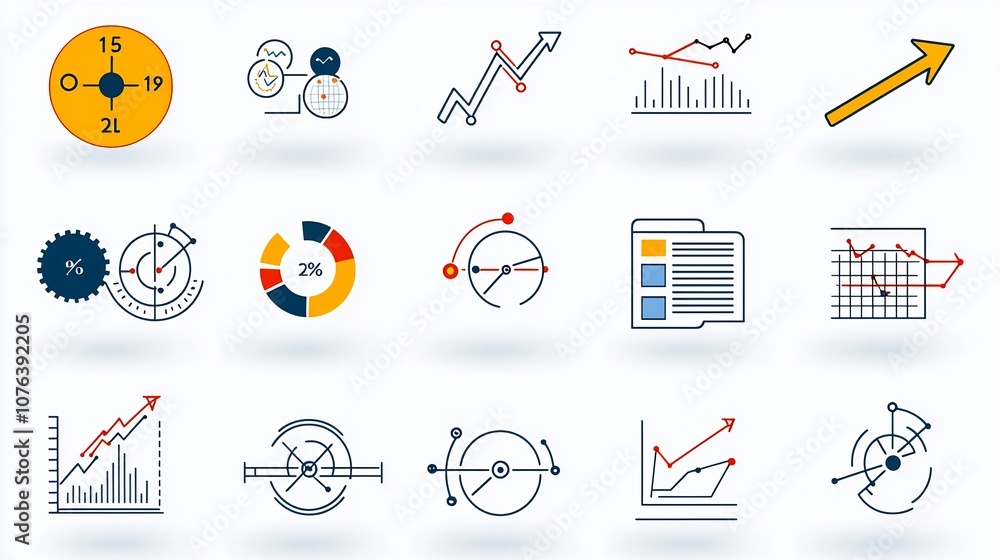 Set of 15 outline style statistical icons featuring symbols for data ...