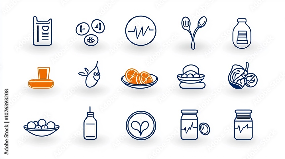 Comprehensive outline icon set of 15 nutrition and wellness symbols ...
