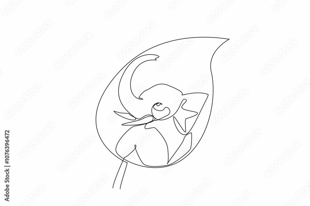 Continuous one line drawing elephant head in the middle of the leaf ...