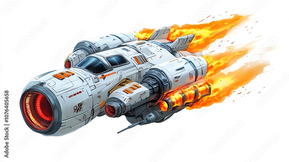 a 2D cartoon illustration of a toy spaceship with flames coming from ...