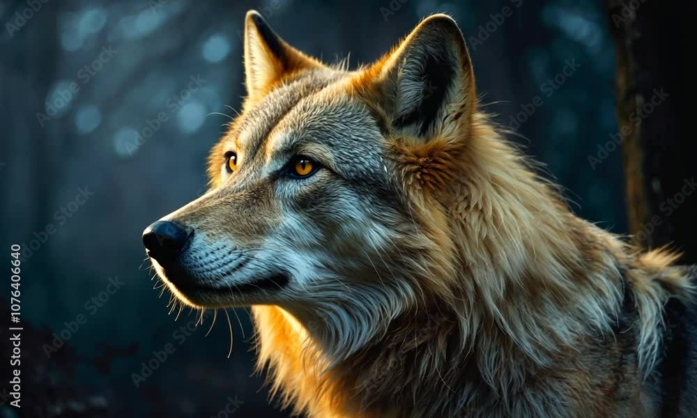 A translucent, gold-glowing fantasy wolf with an ethereal aura, set ...