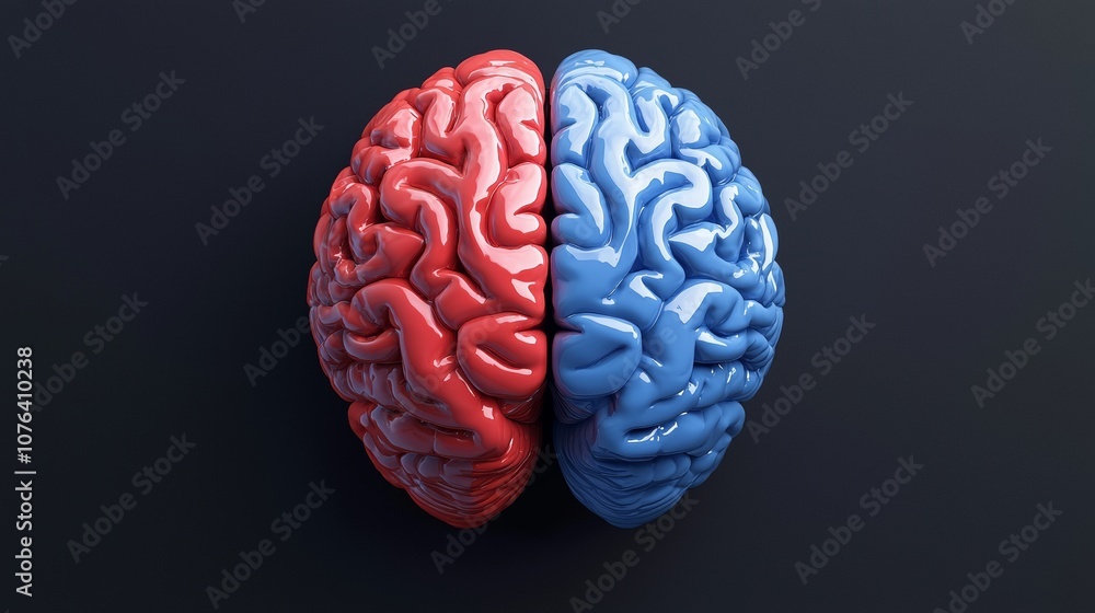 Blue and red halves of a brain represent the left and right brain ...