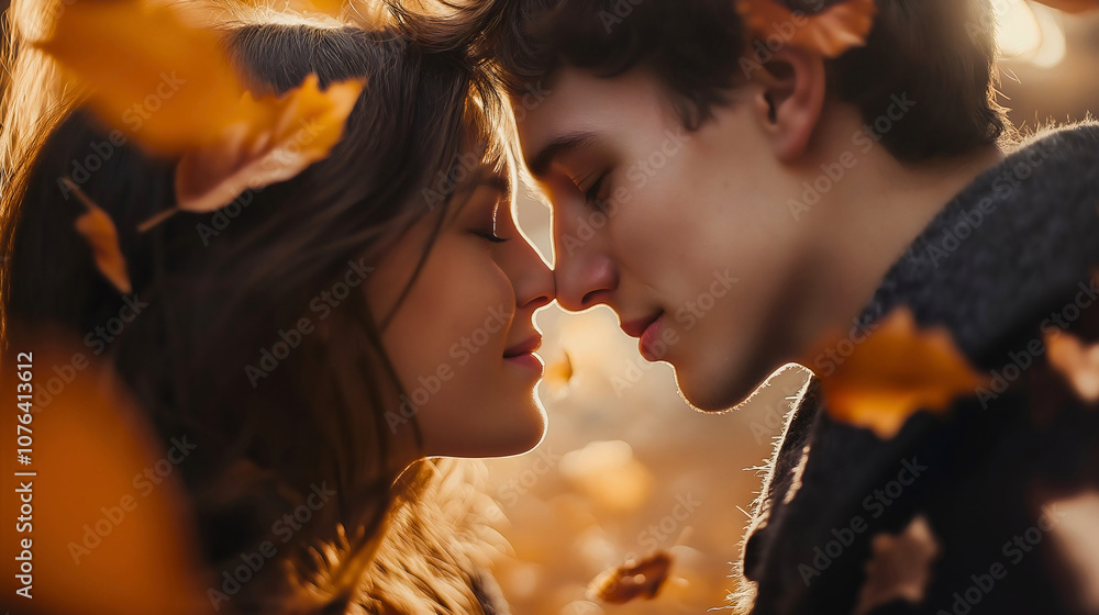 Affectionate woman man couple, tender young kiss autumn relationship ...