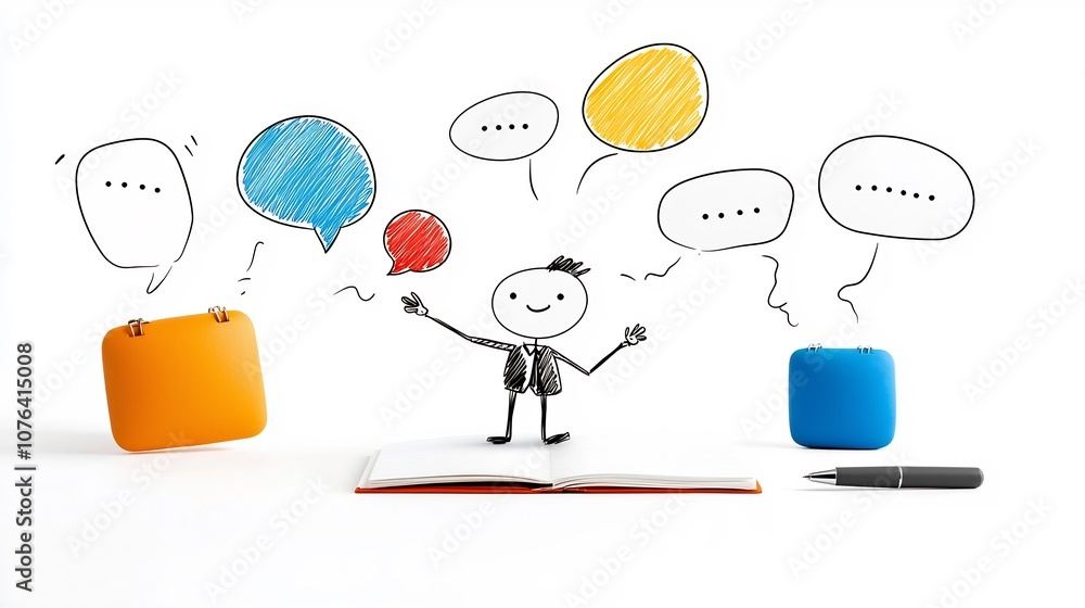 Professional cartoon depicting a man with a pen and notebook engaged in ...