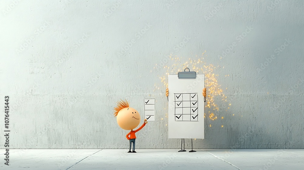 Cartoon of Businessman Happily Ticking Boxes on a Checklist Standing ...