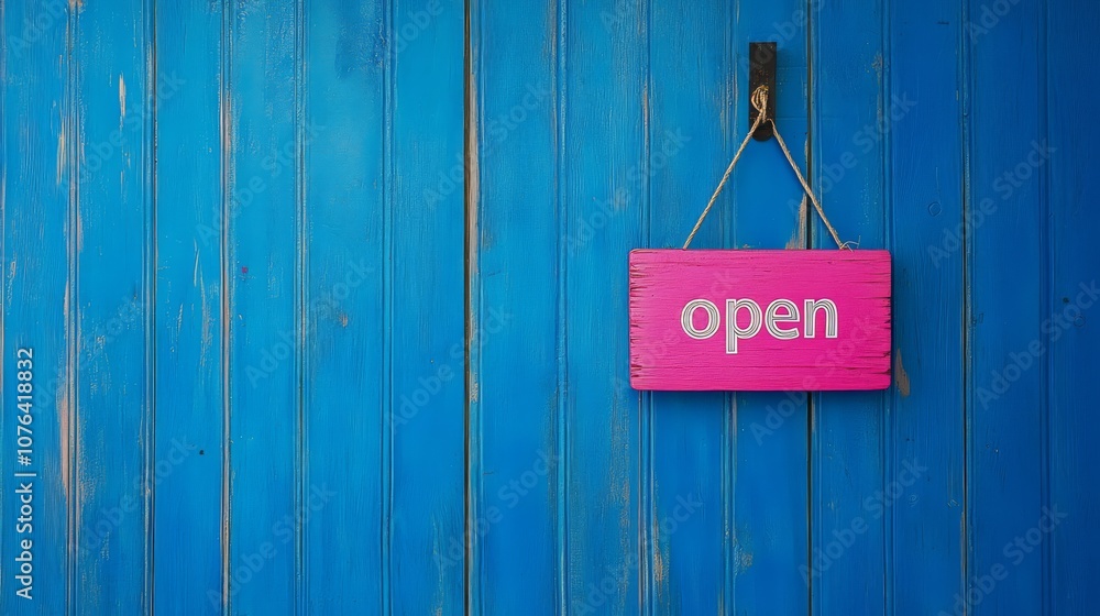 Open for Business: A vibrant pink "Open" sign hangs on a weathered blue ...