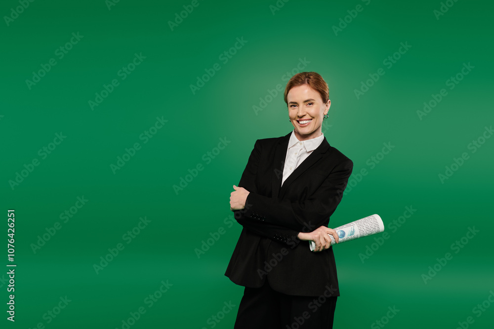 The TV presenter, dressed in stylish black suit, poised to engage the ...