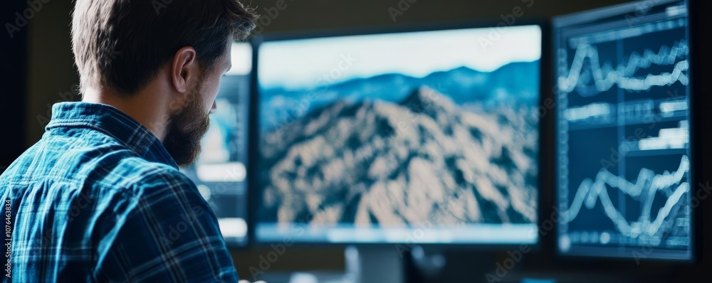 Geologist analyzing terrain data on 3D interface, rugged visuals, earth ...