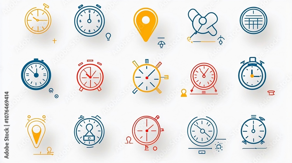 Vibrant and Stylized Icons Collection Featuring Symbols for Time ...