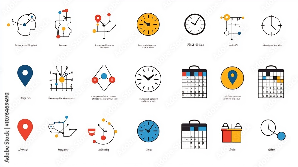 Vibrant icon set depicting various symbols related to location time and ...