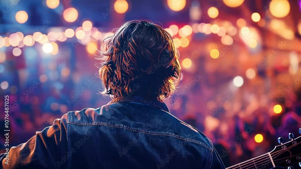 Back view of guitarist performing live on stage with colorful lights ...