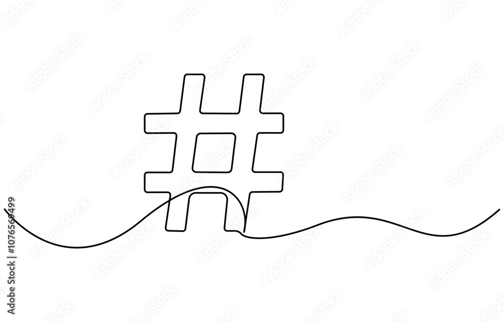 Hashtag symbol. One line continuous Hashtag. Line art, outline, single ...