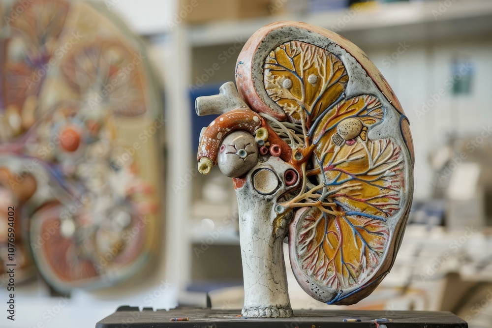 Anatomical model of a human kidney showing veins and arteries in a ...