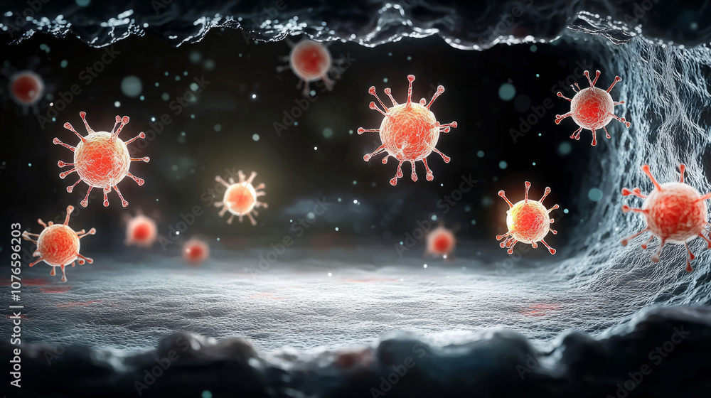 Vibrant depiction of viruses in dark, cellular environment, showcasing ...