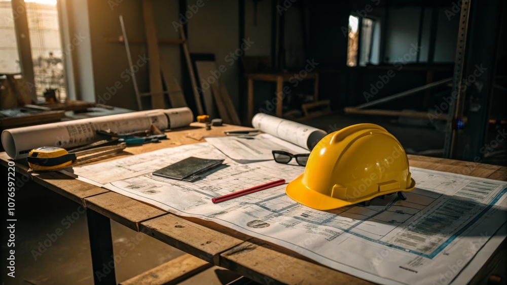 Low Light Construction Site with Yellow Hard Hat and Blueprints on ...
