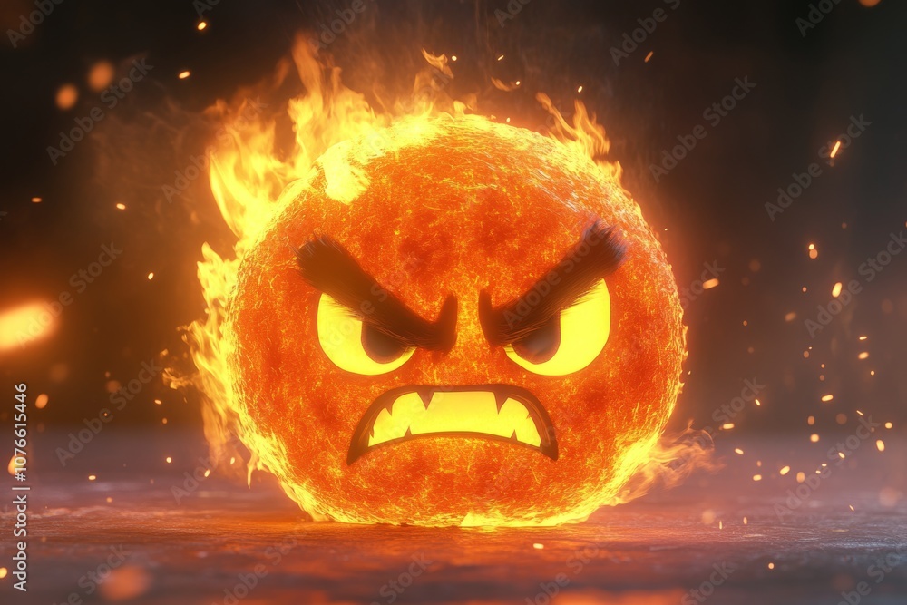 Dynamic 3D animated fireball with an angry face expression and vivid ...