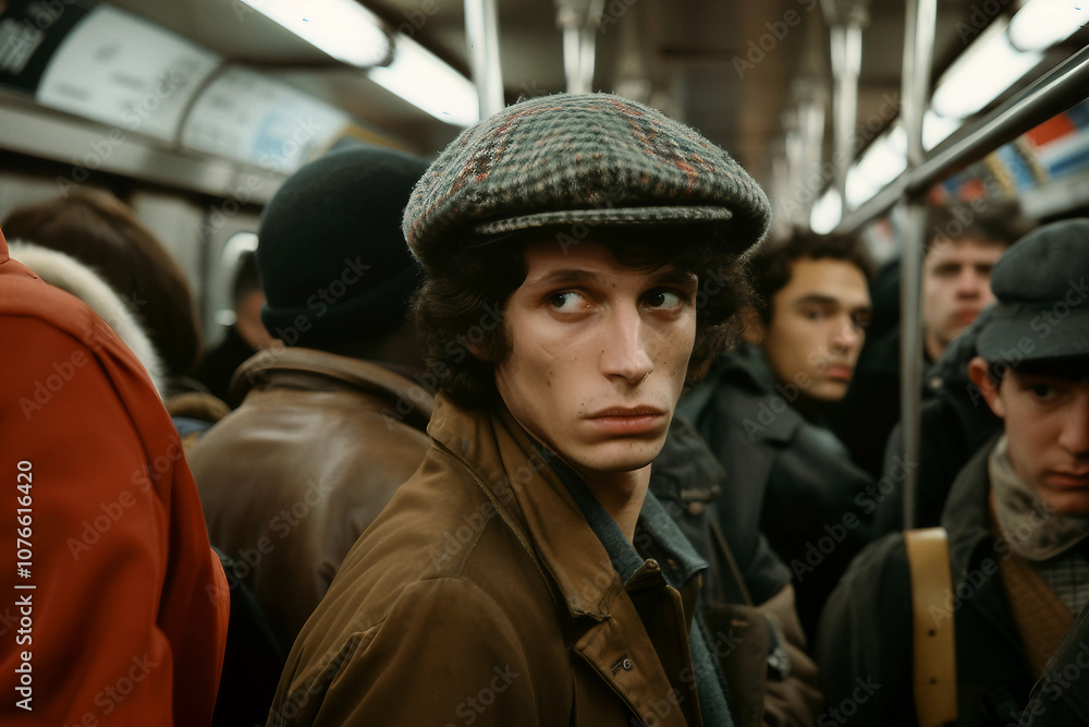 Generative AI portrait of people crowd busy day on dimly lit metro bus ...