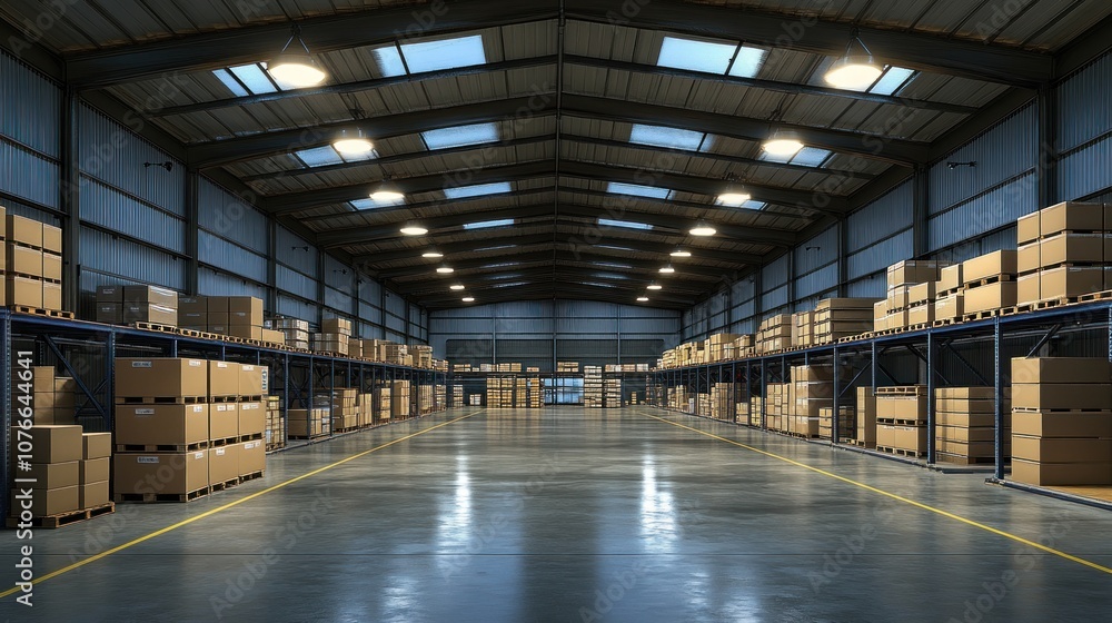 An empty warehouse with rows of stacked cardboard boxes on shelves ...