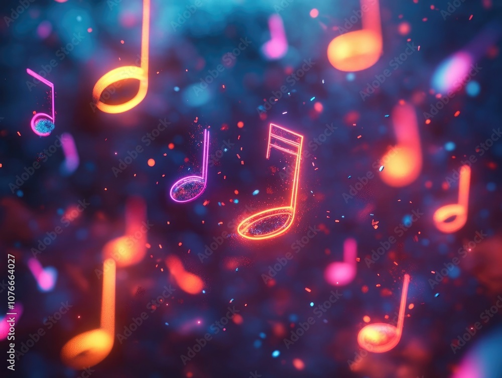 Vibrant neon colored musical notes floating effortlessly in the air ...