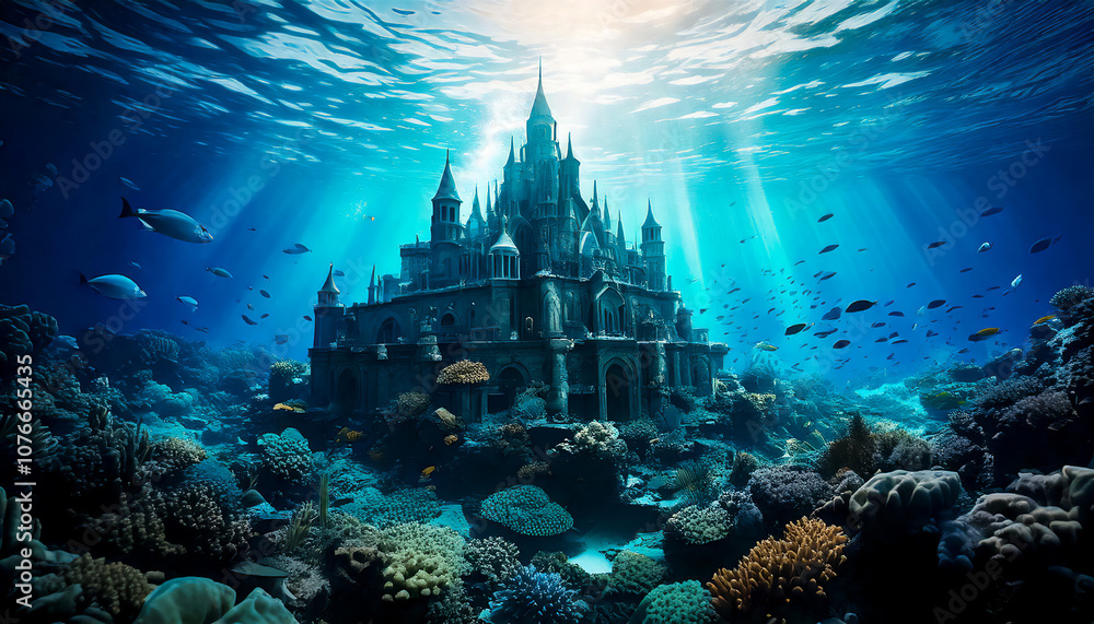 Fantasy medieval city underwater in the ocean Stock Illustration ...