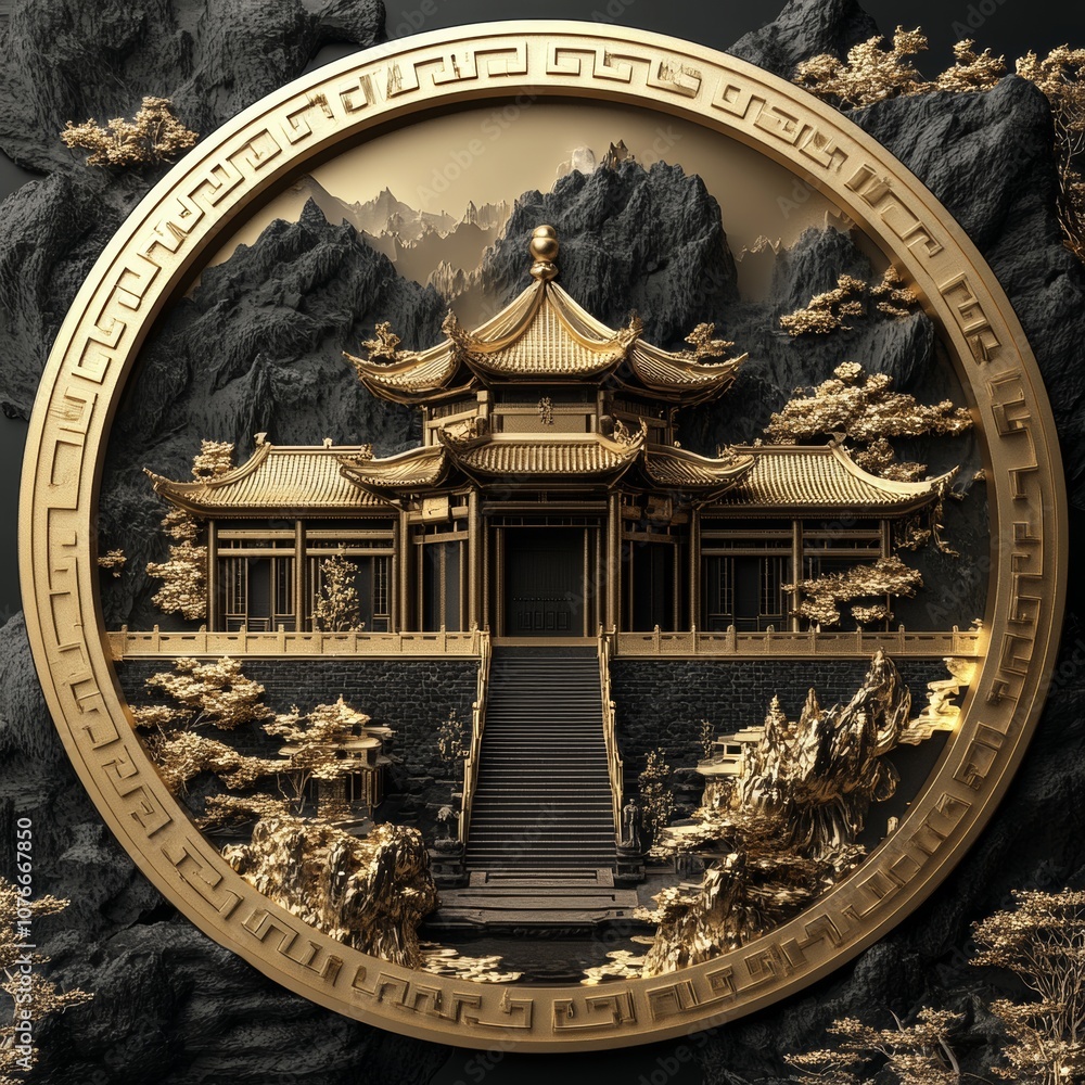 Elegant Asian architecture within a detailed golden frame, a 3D ...