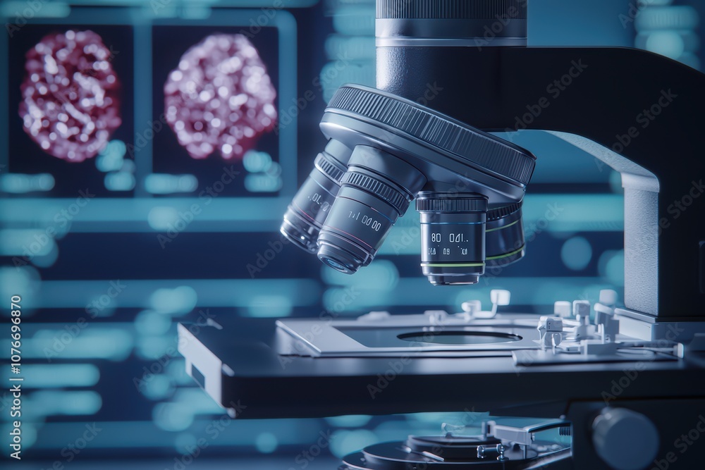 High-tech microscope analyzing samples with digital brain images in the ...